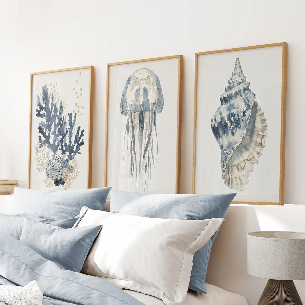 Beach House Wall Art Set. Blue Coral, Jellyfish, Shell – EmberWild
